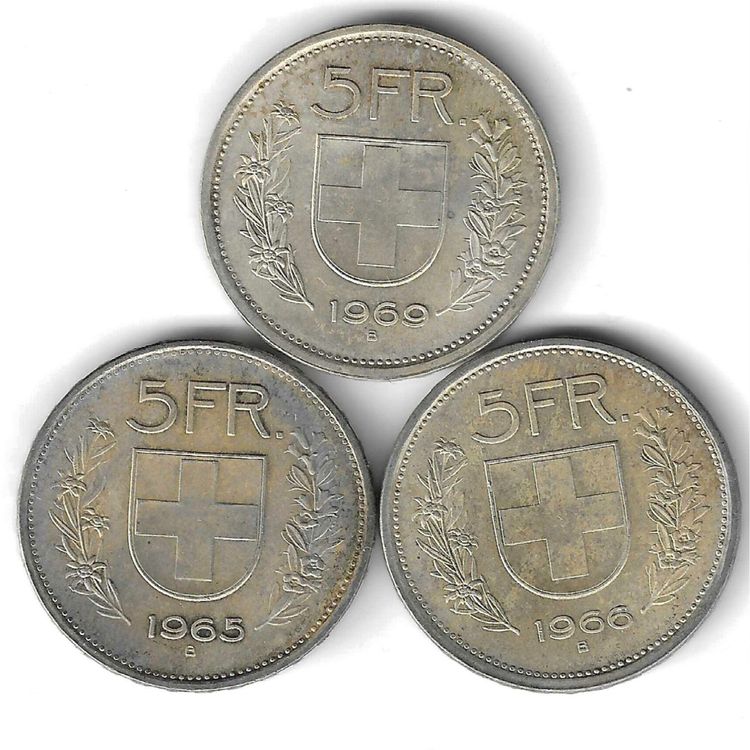 3 seltene 5 Franken Münzen 1965 1966 1969 Schweiz - Set 1 (Gebraucht) in Wattwil für CHF 40 ...