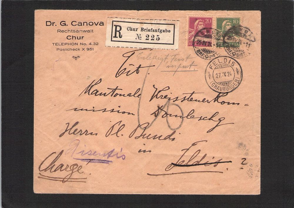 Feldis GR mit Nachporto , siehe Rückseite !! , 27.lV.1924 (Gebraucht ...