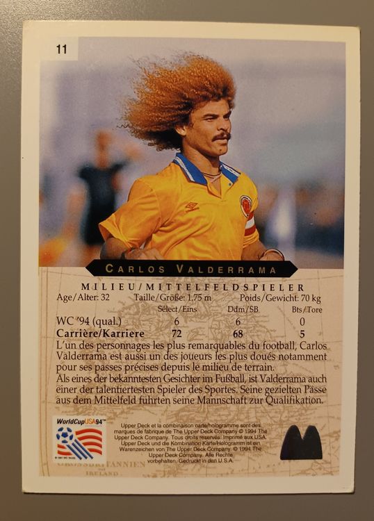 Fussball WM 1994 CARLOS VALDERRAMA COLOMBIA Card | Acheter sur Ricardo