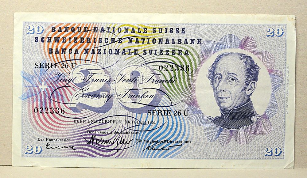 Banknote Schweiz CHF 20 / Serie 26 U - 1961 (Gebraucht) in Solduno für ...