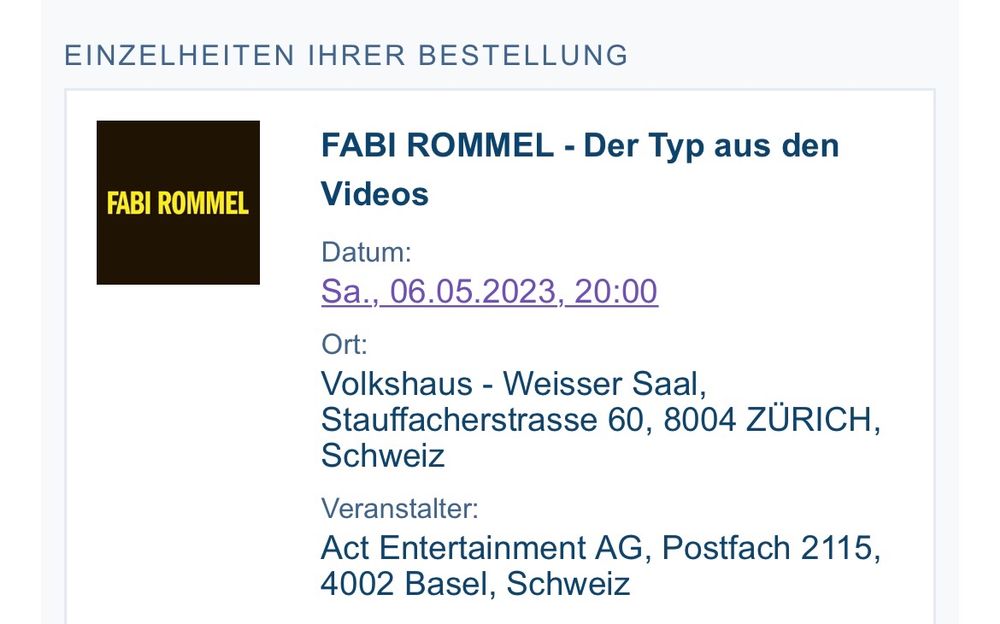 FABI ROMMEL: 2 Tickets am 06.05.2023 im Volkshaus Zürich (Neu und ...