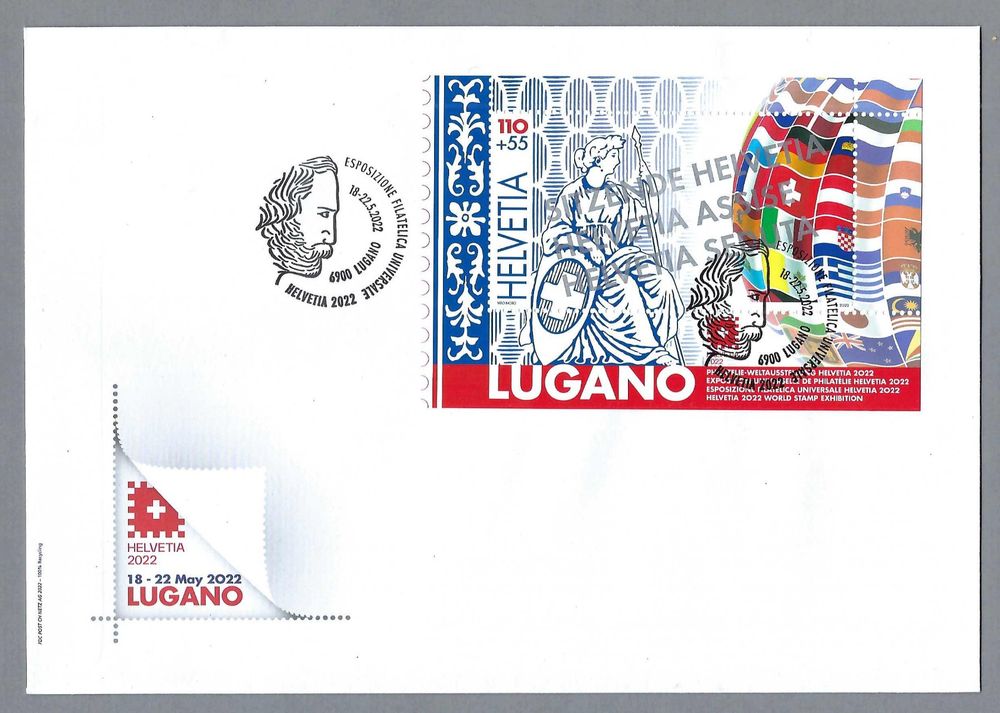 FDC LUGANO HELVETIA 2022 MIT ÜBERDRUCK SITZENDE HELVETIA (Gebraucht) in Pura für CHF 12 – mit ...