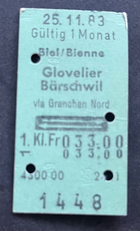 Bienne Glovelier Bärschwil via Grenchen Nord 1.Klasse (Gebraucht) in Wabern für CHF 1.5 – mit ...