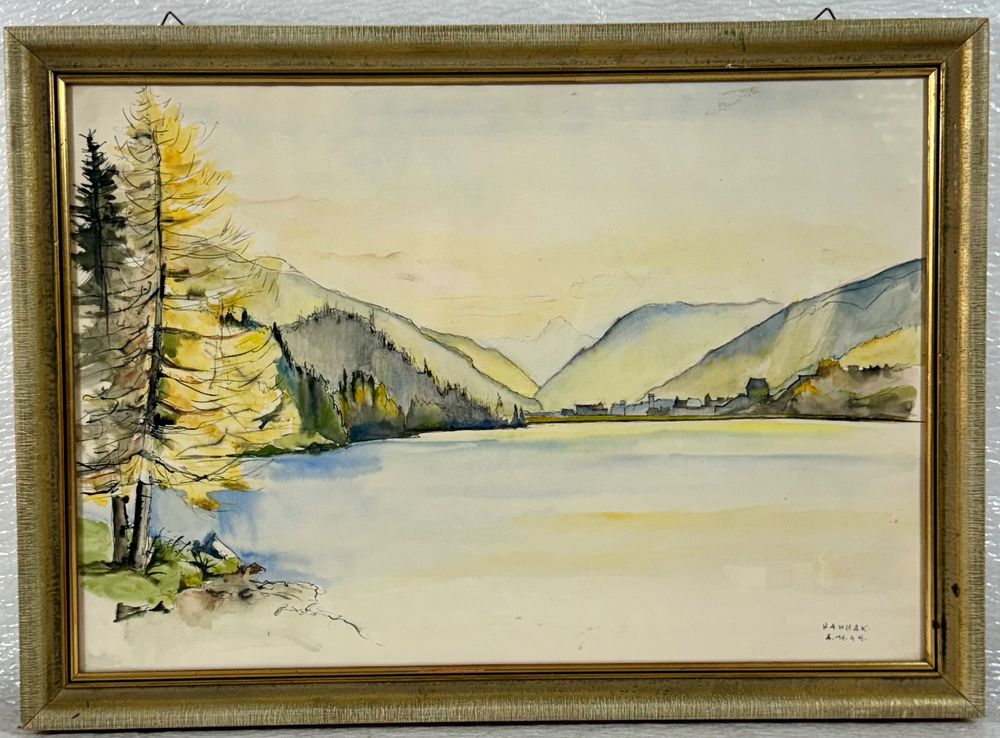 40er Jahre Aquarell Herbstlandschaft am See, signiert | Kaufen auf Ricardo