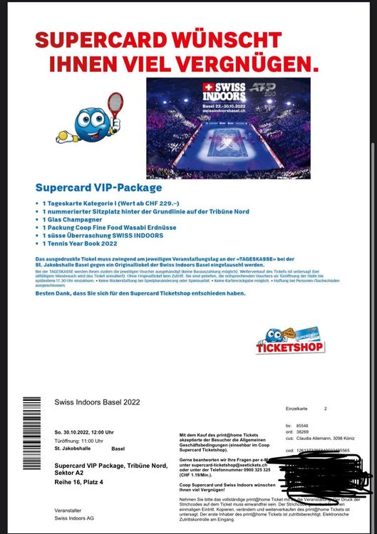 VIP PACKAGE Tickets Swiss Indoors Basel | Kaufen auf Ricardo