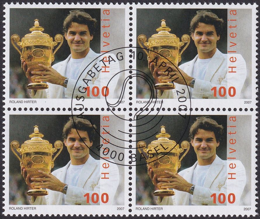 2007, Nr.1229 (Roger Federer) Viererblock mit Ersttags-Stemp (Gebraucht ...