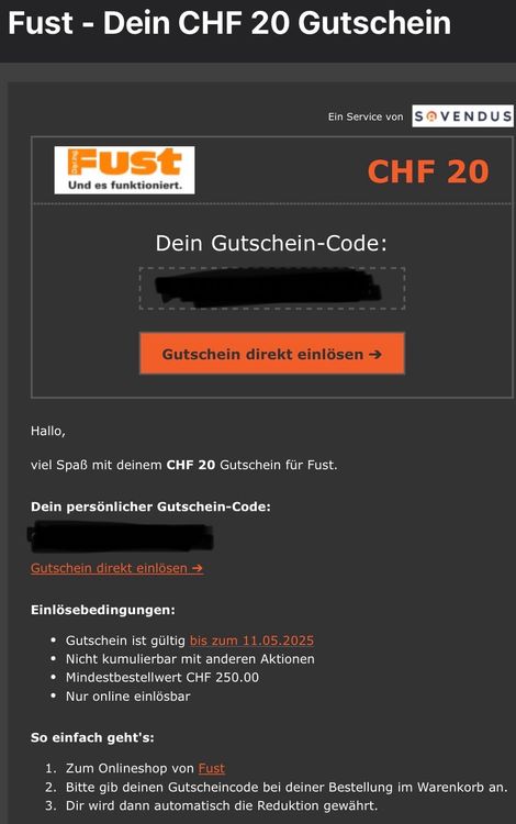 Fust - CHF 20 Gutschein (Neu und originalverpackt) in St. Gallen für CHF 2 – mit Lieferung auf ...