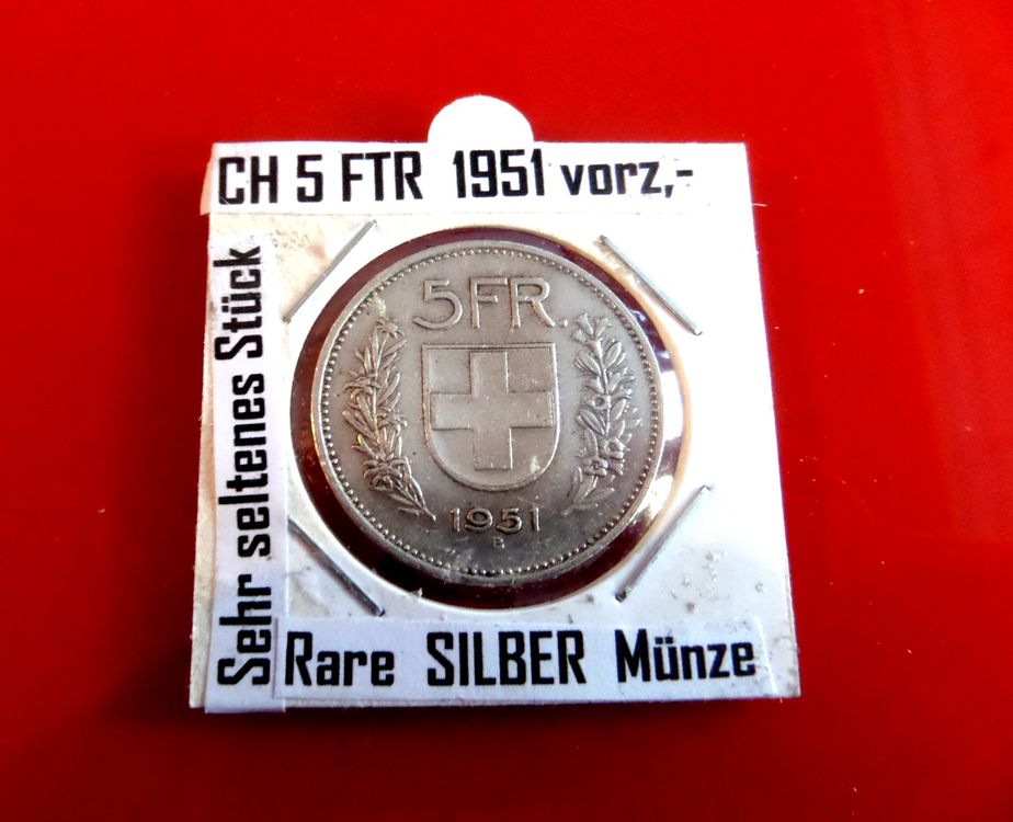 Alter SCHWEIZER 5 Fr / 1951 SILBER Münze vorz- rares Stück (Gebraucht) in Glis für CHF 8 – mit ...