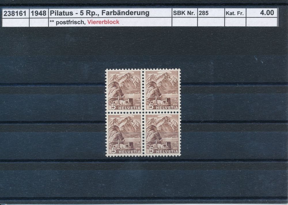 1948 Pilatus - 5 Rp., Farbänderung Viererblock ** postfrisch (Neuf (Voir description)) à ...