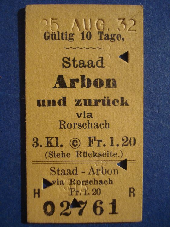 SBB - 25.8.1932 - STAAD - ARBON - 3.Klasse (Gebraucht) in Biel/Bienne für CHF 22 – mit Lieferung ...