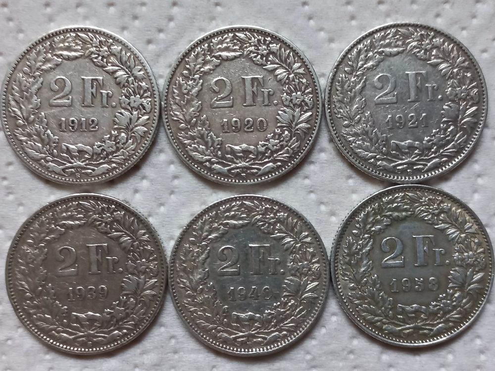 6 x 2 Fr. 1912 - 1958 Silber Schweiz (Gebraucht) in Unterseen für CHF 33 – mit Lieferung auf ...