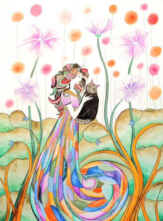 Original Aquarell Die Frau und ihre Katze von mir gemalt (Neu und originalverpackt) in ...