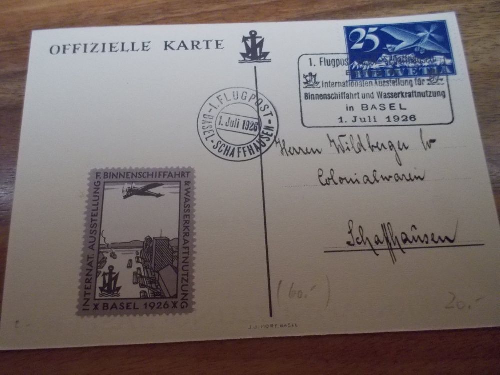Karte 1. Flugpost Basel-Schaffhausen, 1926, + Vignette (Gebraucht) in Niederwil AG für CHF 4.6 ...