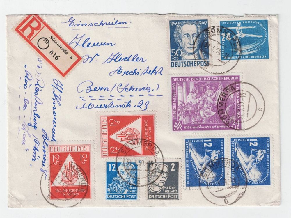 DDR, R-Brief Sömmerda 31.3.1950 nach Bern 4.4.1950 (Gebraucht) in Hinteregg für CHF 20 – mit ...