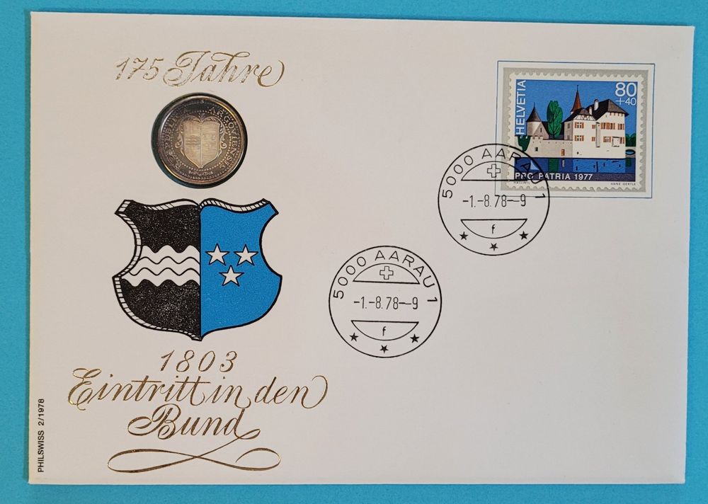 Münzbrief 175 J. Kanton AARAU 1978 Silber 999 (Gebraucht) in Oberriet SG für CHF 9.8 – mit ...