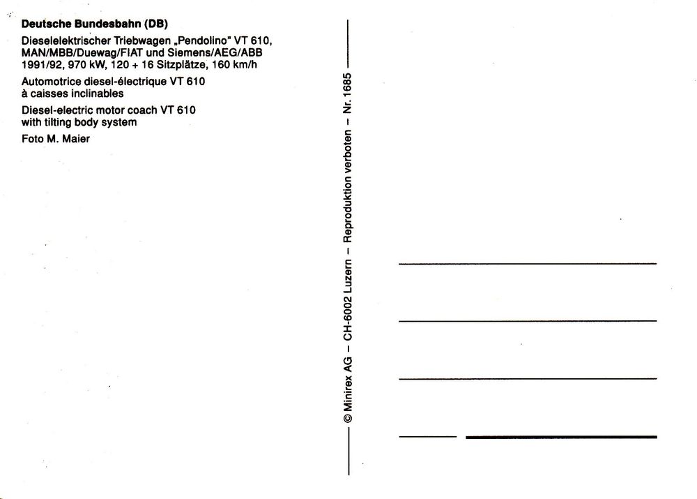 Deutschland DB Deutsche Bundesbahn VT 610 Pendolino (Gebraucht) in Luzern für CHF 1.5 – mit ...
