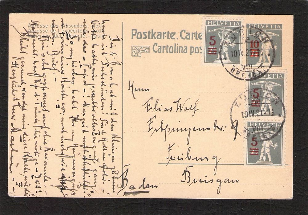 GS mit 10 Rp Ziffer und 3 x Zusatzfrankatur , 10.IV.1921 (Gebraucht) in ...