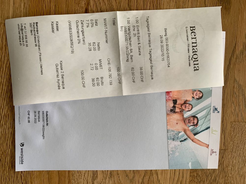 Bernaqua Gutschein über Fr. 62.- (Gebraucht) in Riedholz für CHF 44 ...