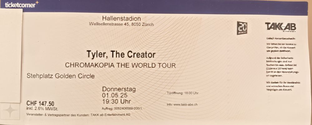 Tyler, The Creator CHROMAKOPIA Golden Circle Ticket ZH | Kaufen auf Ricardo