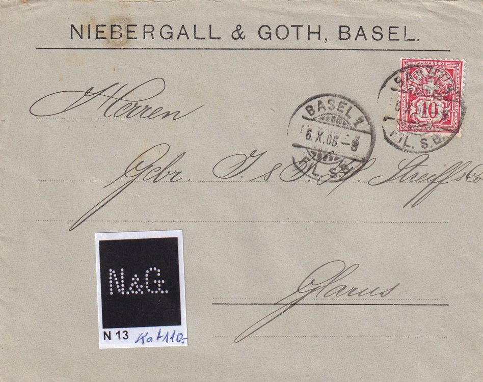 Perfin N.&G. auf Brief (Niebergall&Goth Basel)N13 (Gebraucht) in Spreitenbach für CHF 25 – mit ...