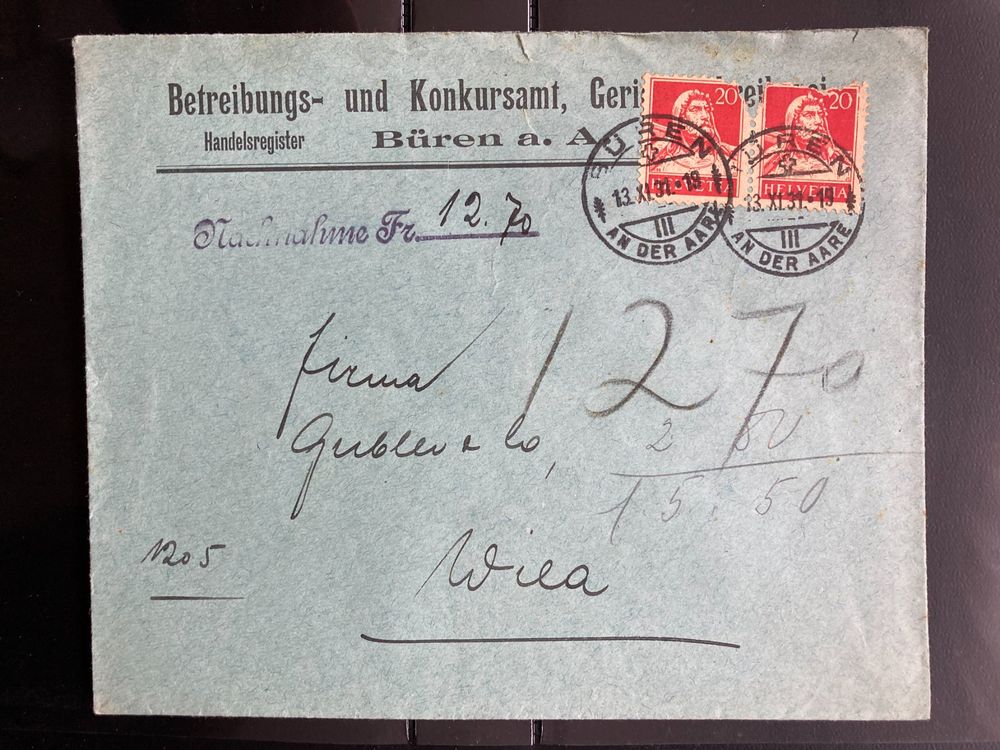 Schweiz 1931 NN-Brief B.amt Büren a. A. 2x20 Tellkopf rot | Kaufen auf Ricardo