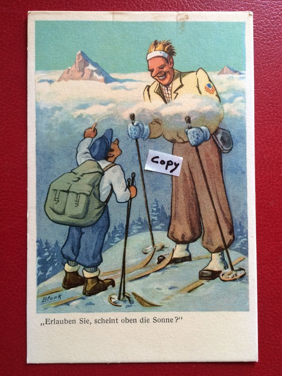 AK Humor Künstler Kitsch Comic Berge Alpen Menschen Ski sac (Gebraucht ...