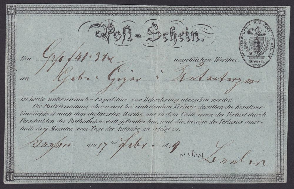 1849, Post-Schein von SARGANS nach UNERTERZEN | Kaufen auf Ricardo
