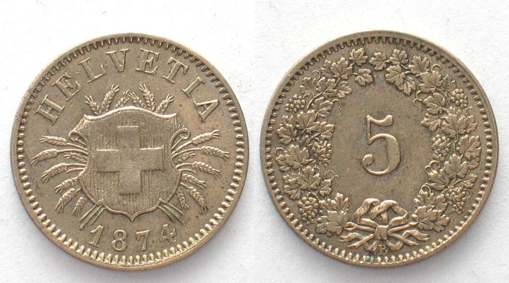 Schweiz EIDGENOSSENSCHAFT 5 Rappen 1874 Billon ERHALTUNG! (Gebraucht ...