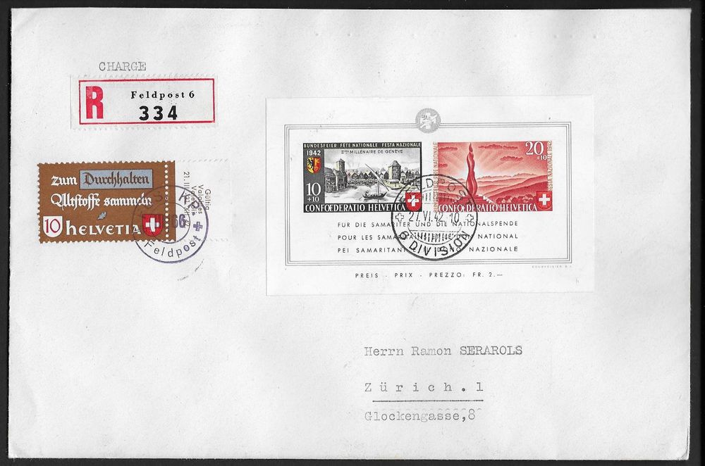 1942 Brief Bundesfeier BLOCK B19 FELDPOST SBK 450.-+ ab 1.- (Gebraucht) in Zürich für CHF 43 ...