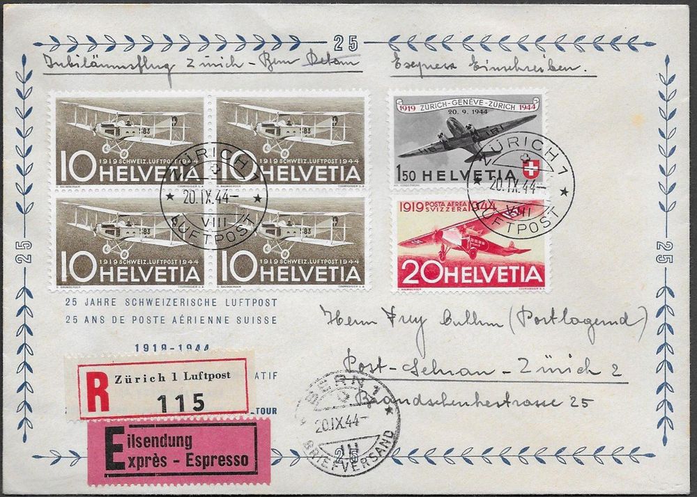 1944 R/Ex Brief Jubil. Flug Zürich-Bern Frankatur Top ab 1.- (Gebraucht) in Zürich für CHF 7 ...