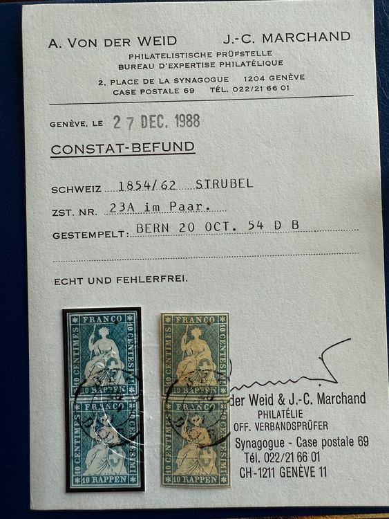 Strubel 10 Rappen, 23A im Paar mit Attest von der Weid (Gebraucht) in ...