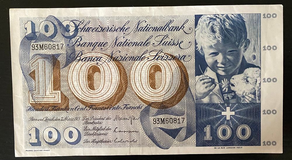 Banknote 100 Franken ungefaltet Banknote Schweiz Serie 5 (Neu (gemäss ...