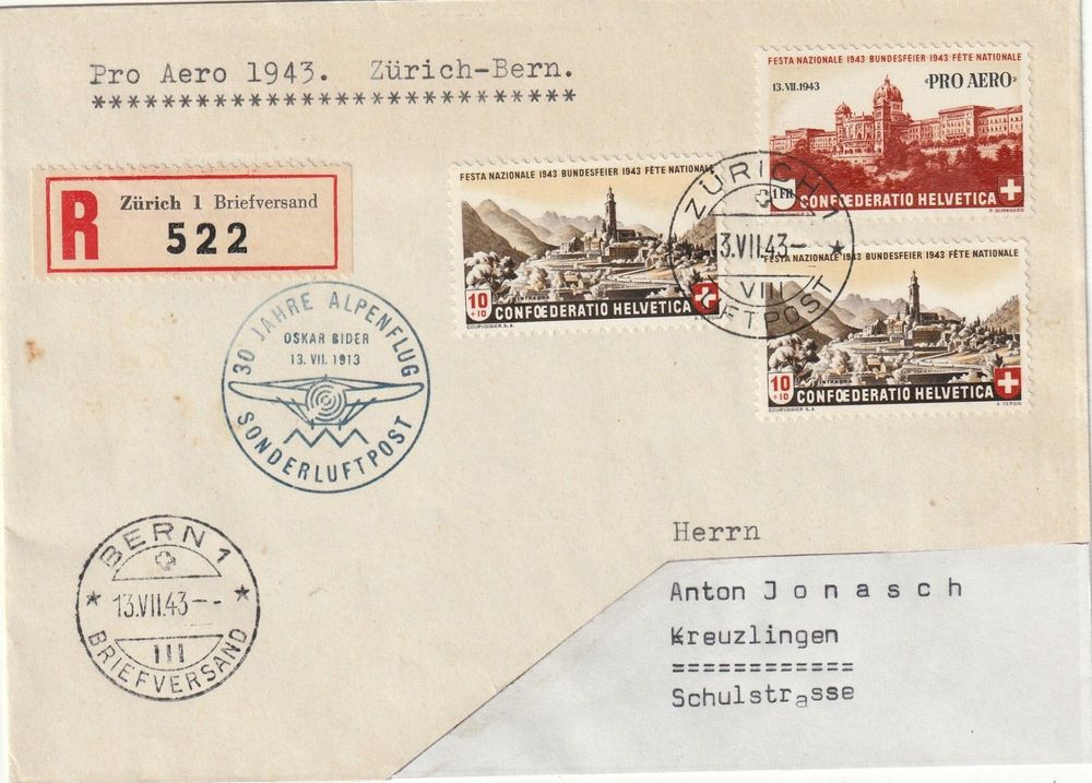 Pro Aero 1943, Einschreibebrief von Zürich nach Bern | Kaufen auf Ricardo