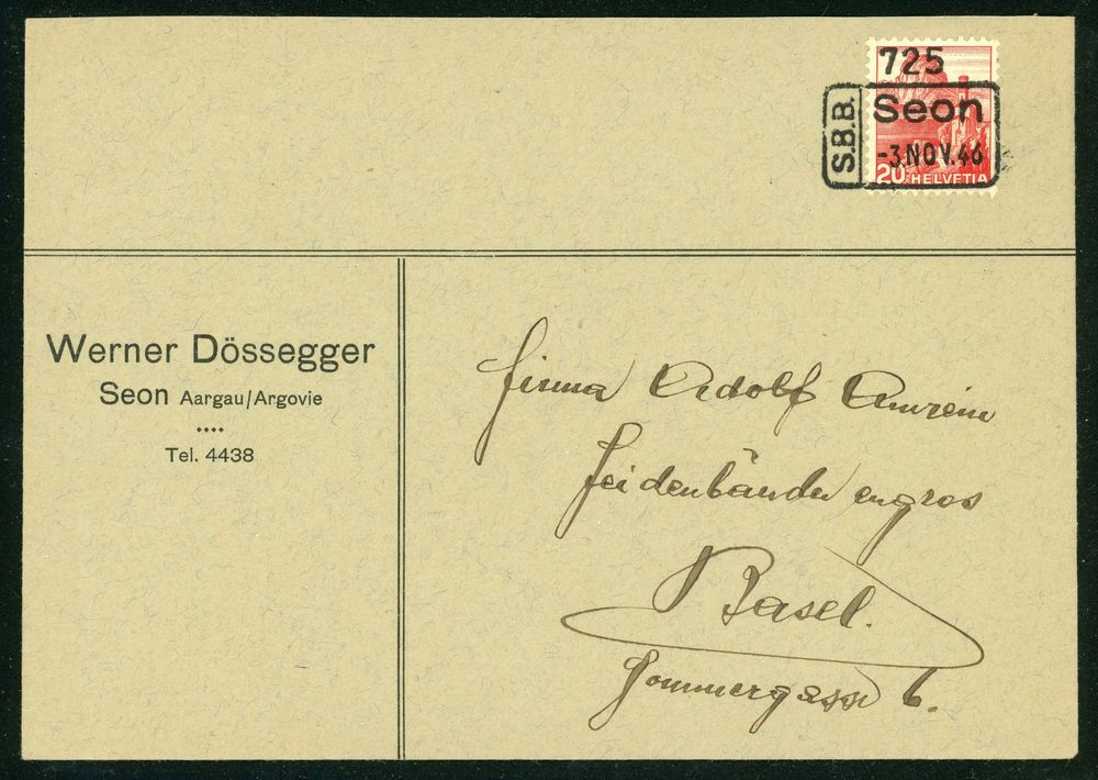 Bedarfsbeleg: 215 Werner Dössegger, SBB-Stempel SEON, 1946 | Kaufen auf Ricardo