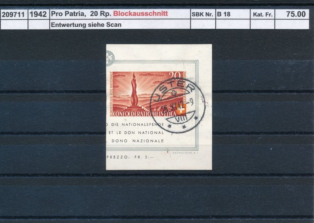 1942 Pro Patria - 20 Rp. Blockausschnitt | Kaufen auf Ricardo