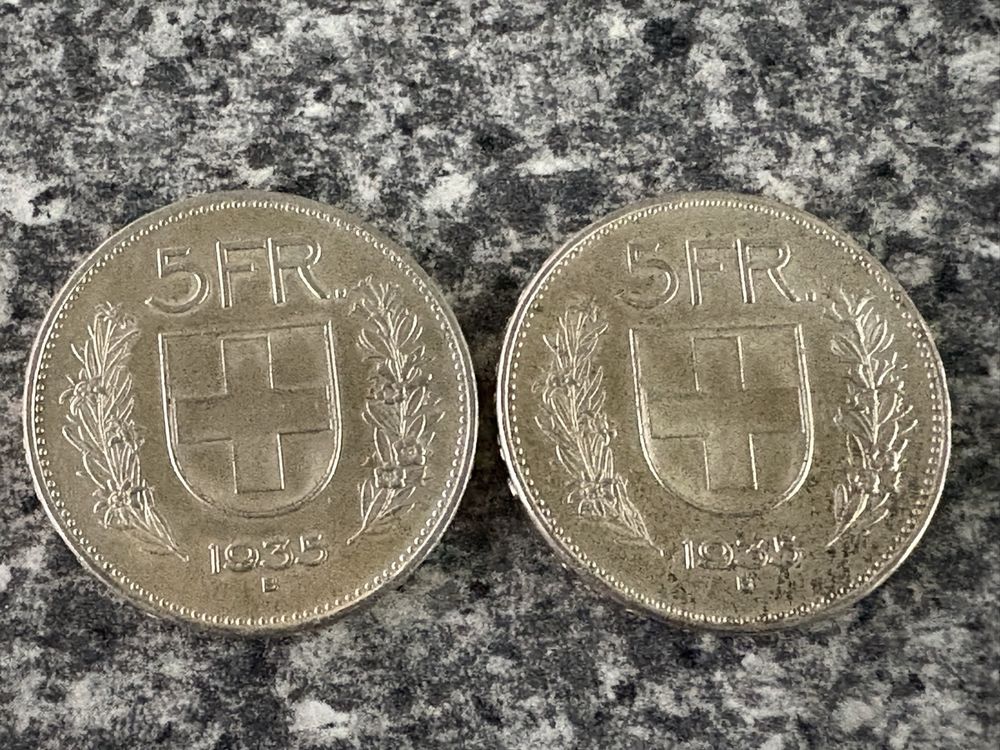 2 x Seltene Schweizer 5 Franken Münzen, Jahrgang 1935 (Gebraucht) in Dietwil für CHF 28 – mit ...