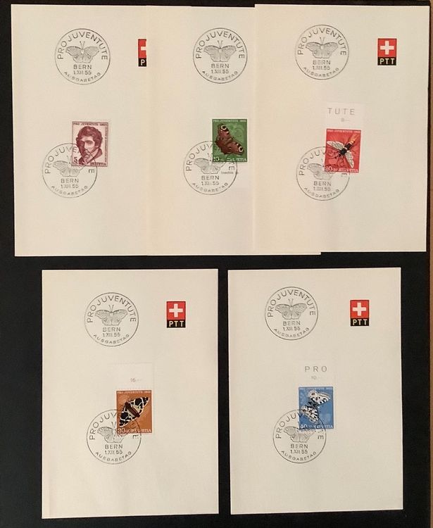 1955 PJ -Satz FDC auf 5 PTT-Bögli mit ET (Neu (gemäss Beschreibung)) in Liestal für CHF 12 – mit ...