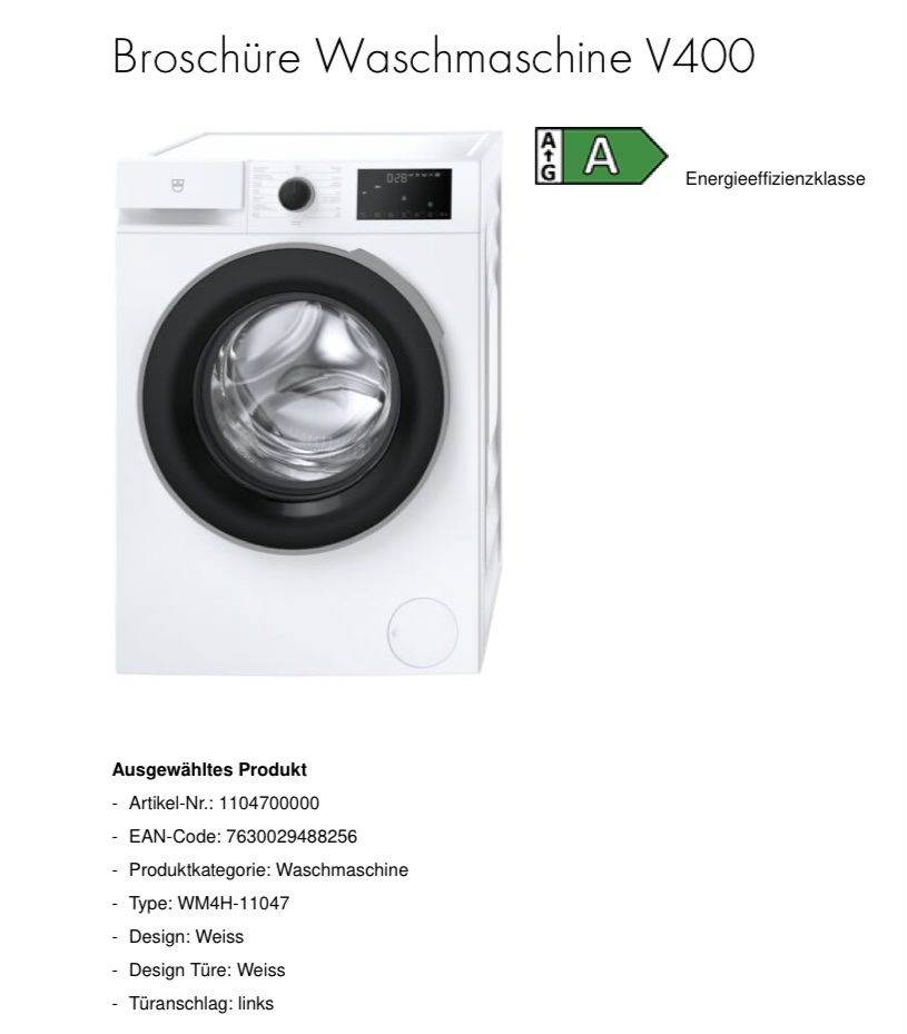 V-ZUG V400 Waschmaschine Weiss links 9,kg Fassungsvermögen (Neu und ...