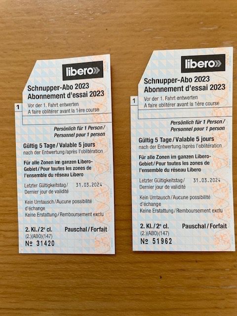 2 Stück Libero 5-Tageskarten bis 31.3.24 (Neu und originalverpackt) in Lommiswil für CHF 92 ...