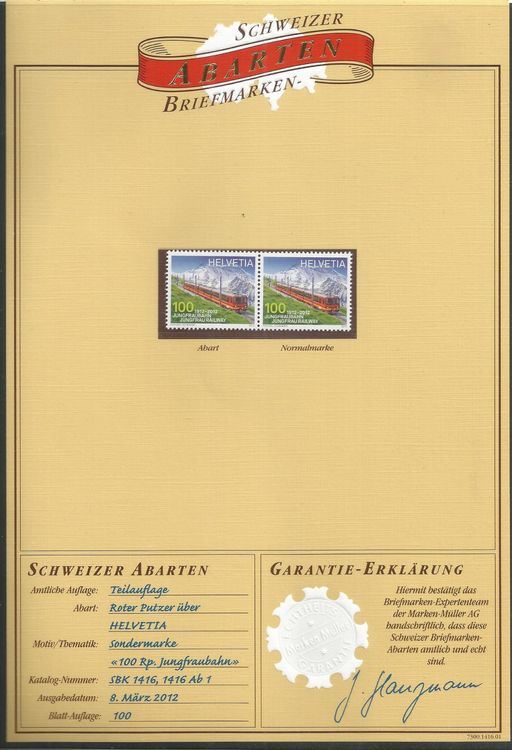 ** ABART::: "ROTER PUTZER ÜBER HELVETIA" Nr.1416 ** (Gebraucht) in ...