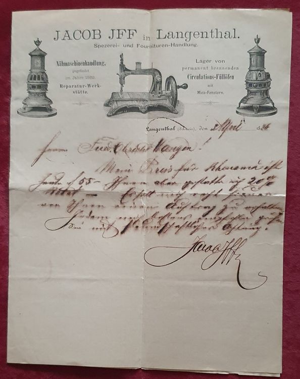 Langenthal 1886 - Jacub Jff - Nähmaschine, Litho Briefkopf (Gebraucht) in Kreuzlingen für CHF 28 ...