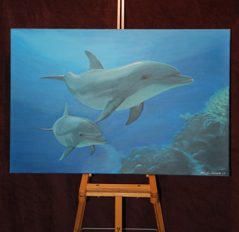 Acryl Energiegemälde mit Motiv Delfin mit Jungem (Neu (gemäss ...