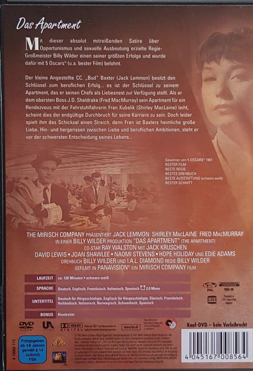 Das Apartment. Jack Lemmon, Shirley MacLaine (DVD) 1960 | Kaufen auf ...