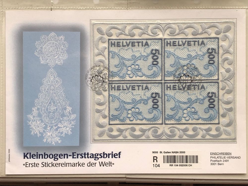FDC Stickereiblock - sehr selten !!! Ab 1.— (Gebraucht) in Winterthur ...