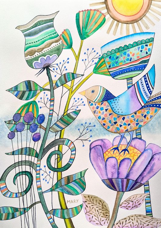 Original Aquarell Fantasie Vogel in seiner Welt naive Kunst (Neu und originalverpackt) in ...