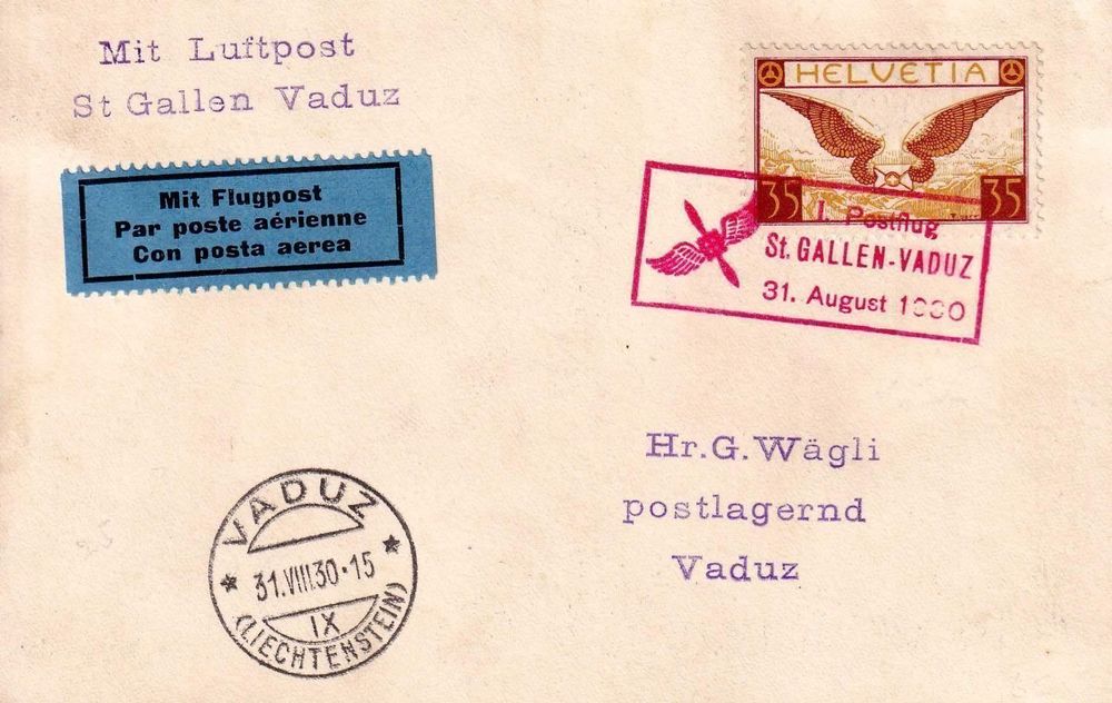 1930, Flugpostbrief mit Nr. F14, von St. Gallen-Vaduz. (Gebraucht) in ...