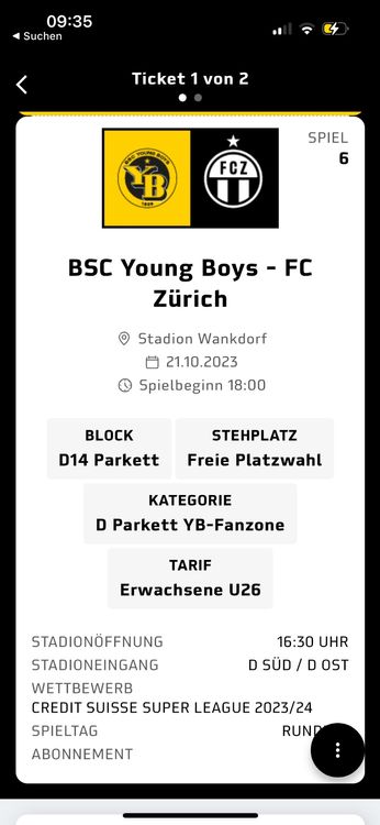 BSC YB - FC Zürich - 2 Ticket D Parkett (Gebraucht) in Pieterlen für ...