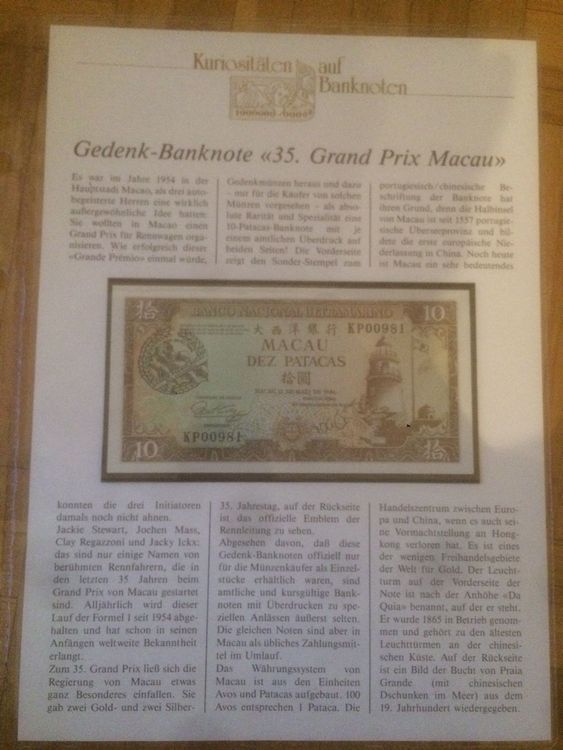 Kuriositäten auf Banknoten - Macao Grand Prix (Neu und originalverpackt) in Muralto für CHF 62.5 ...