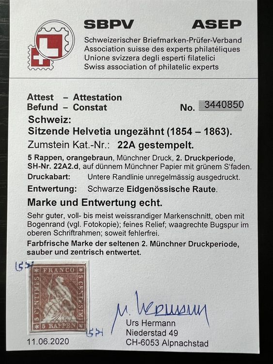 5 Rappen Strubel, 22A2.d mit Attest von Urs Hermann (Gebraucht) in für ...