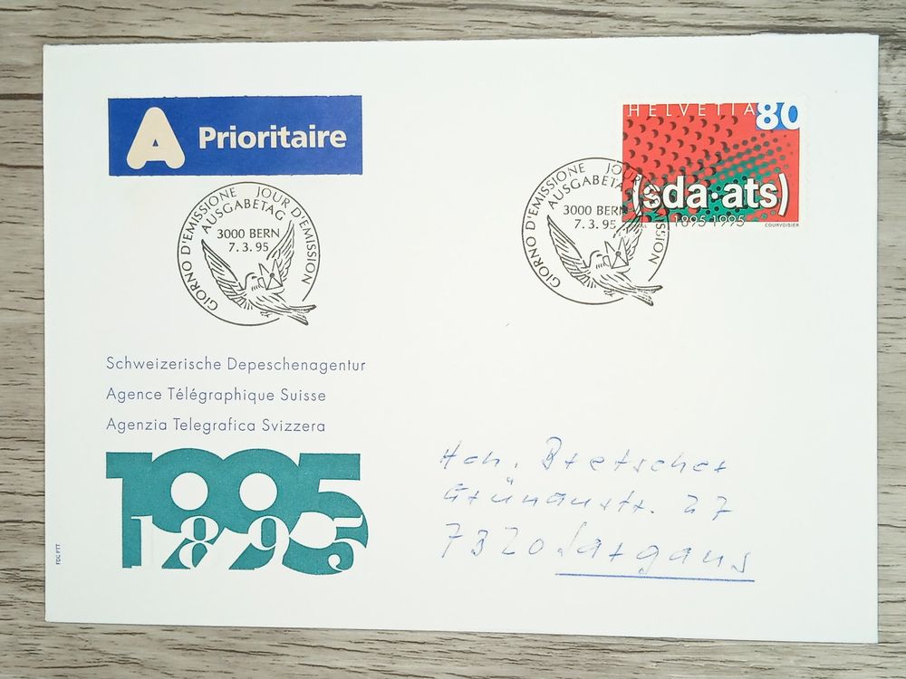 TR17 Enveloppe + Timbre Suisse 1995 (Gebraucht) in Cousset für CHF 0.65 – mit Lieferung auf ...
